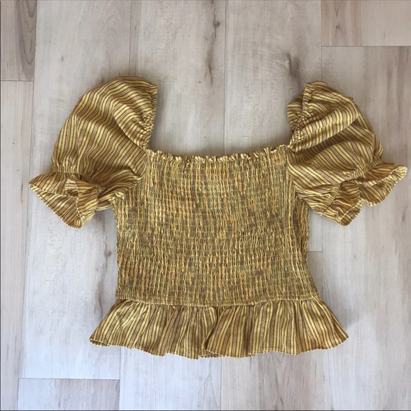 essue | Tops | Essue Yellow Striped Puff Sleeve Cropped Top | Poshmark